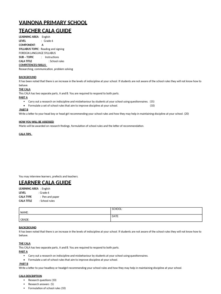 English Cala Component A | PDF | Questionnaire | Education Theory