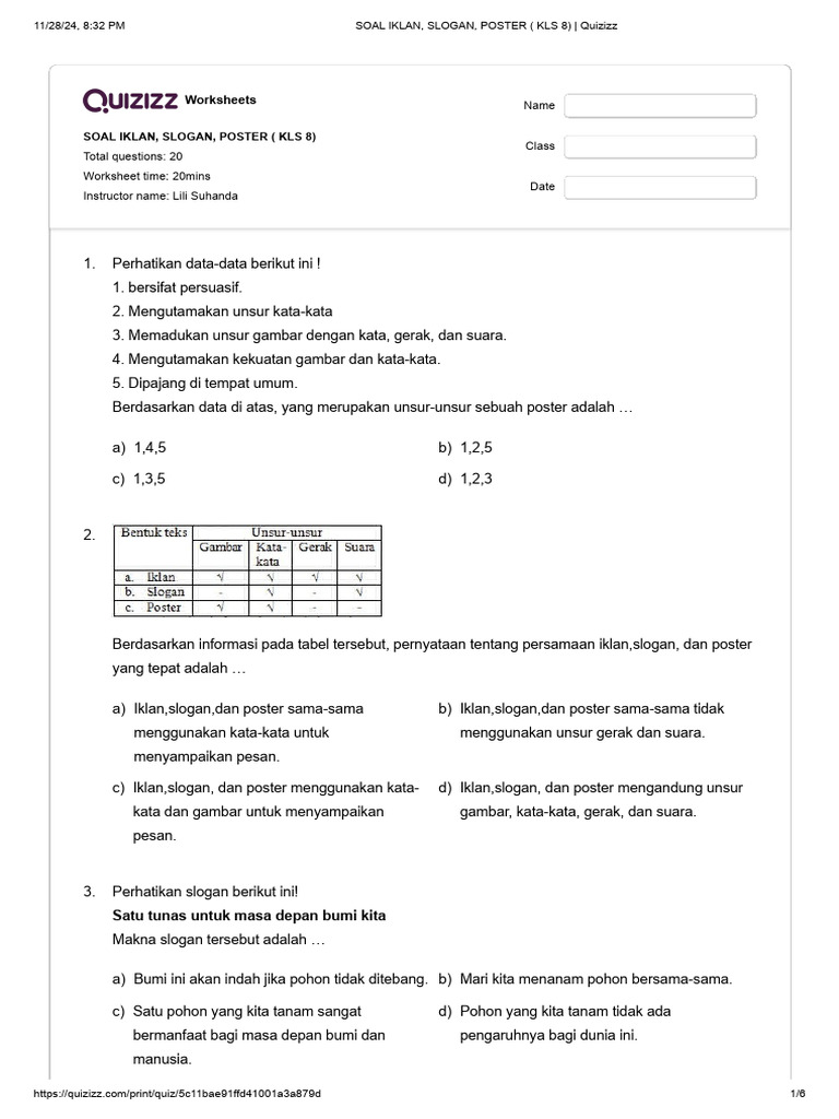 Soal Iklan, Slogan, Poster (Kls 8) - Quizizz | PDF