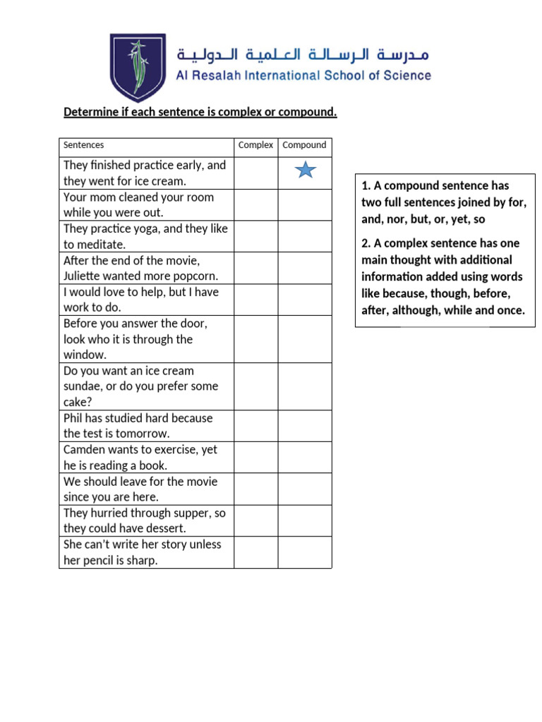 Complex vs Compound Sentences Worksheet | PDF