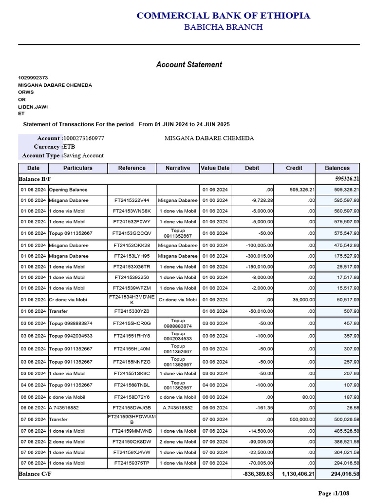 Misgana June 24CBE - ac.STMT - RP | PDF | Debits And Credits | Banks
