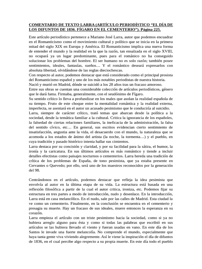 Comentario de Texto Larra (Día de Los Difuntos de 1836) | PDF | Romanticismo | Cementerio