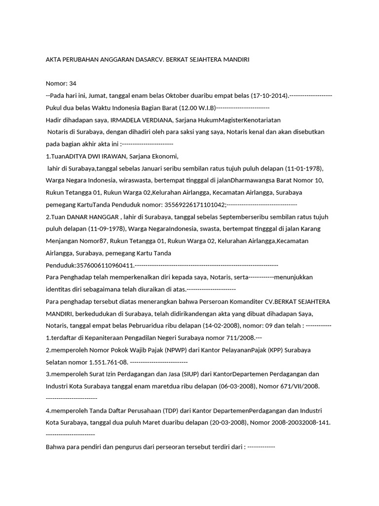 AKTA PERUBAHAN ANGGARAN DASARCV | PDF