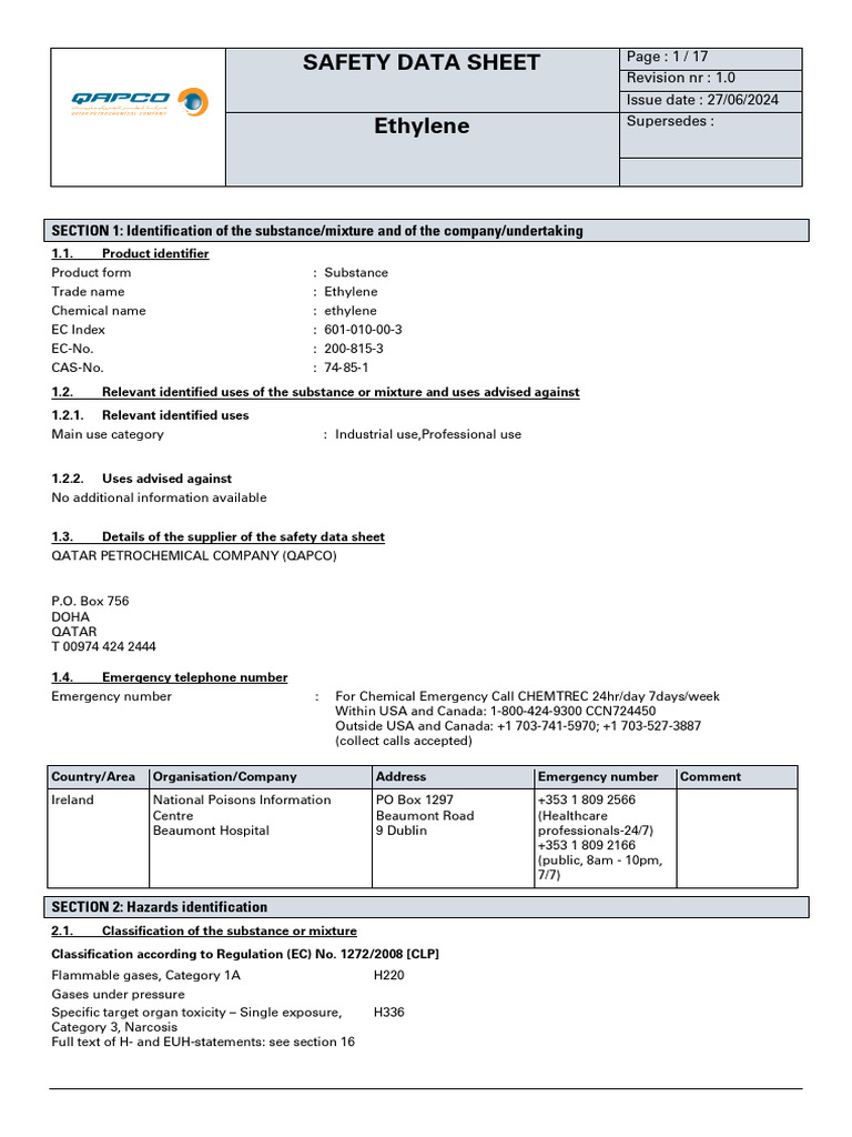 Ethylene Safety Data Sheet (SDS) | PDF | Firefighting | Personal ...