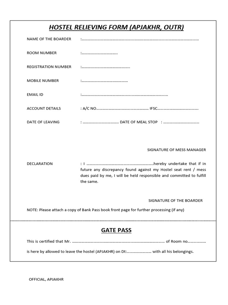 Hostel Relieving Form Submission | PDF