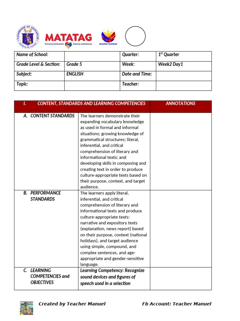 English 5 Quarter 1 Week 2 Day 4 | PDF | Poetry | Metaphor