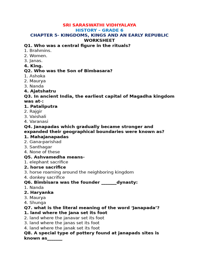 GR6-CH5 Kingdoms, Kings and An Early Republic (Worksheet) | PDF ...
