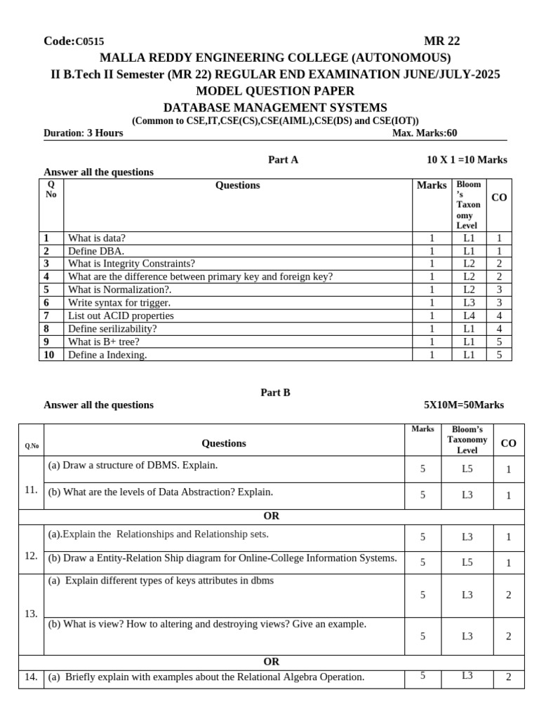 DBMS MR-22 Model Question Paper | PDF | Databases | Data Management Software
