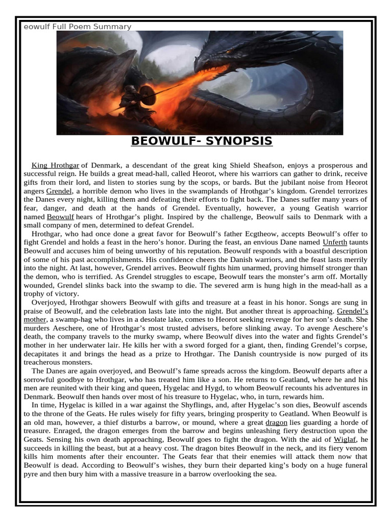 Beowulf Full Poem Summary | PDF | Beowulf | Scandinavian Folklore