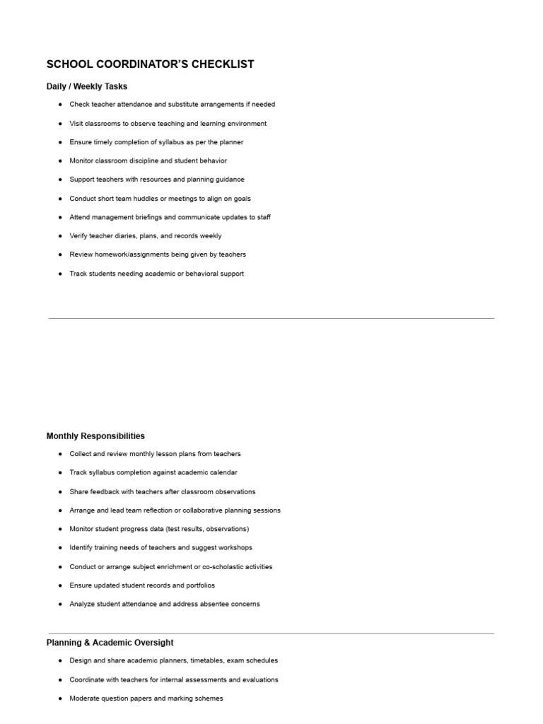 Coordinator's Daily - Weekly Checklist | PDF | Teachers | Lesson Plan