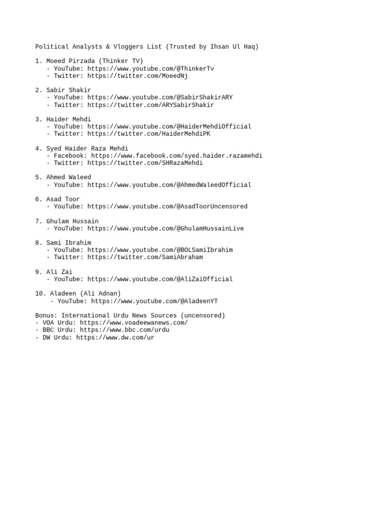 Trusted Pakistani Vloggers List | PDF