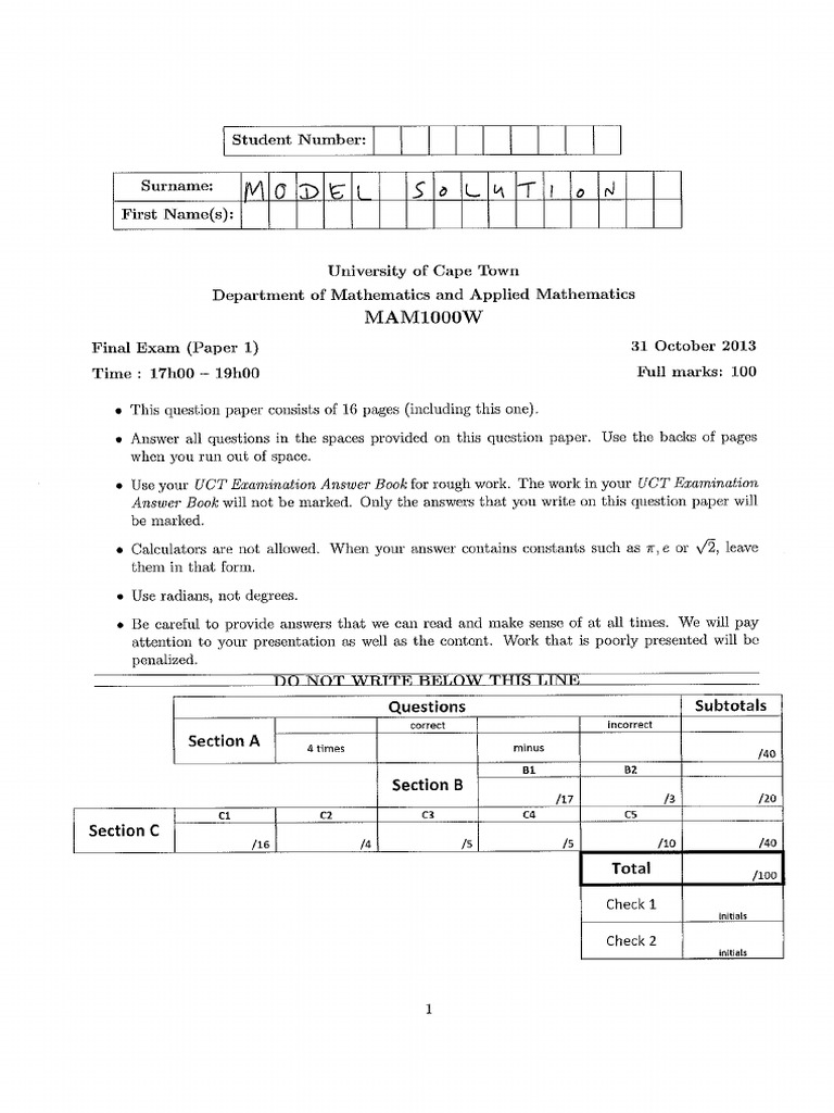 Exam Paper 1 2013 Solution | PDF