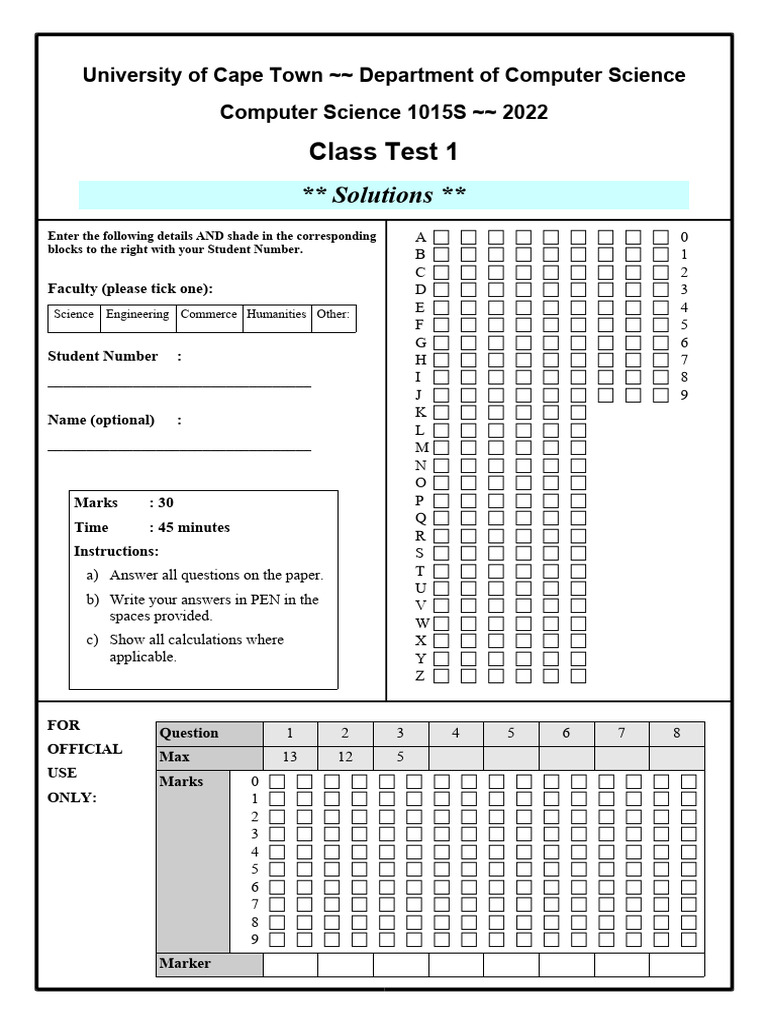 UCT Computer Science Test 1 Solutions | PDF | Boolean Data Type ...