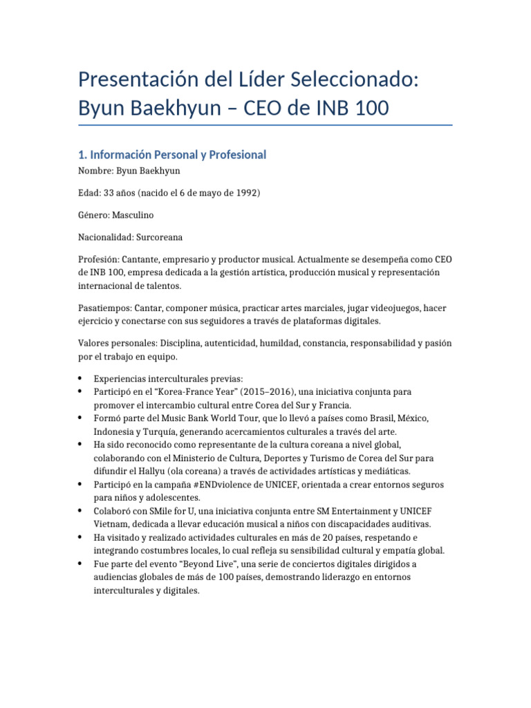 Presentación Baekhyun CEO INB100 | PDF | Liderazgo | Corea del Sur