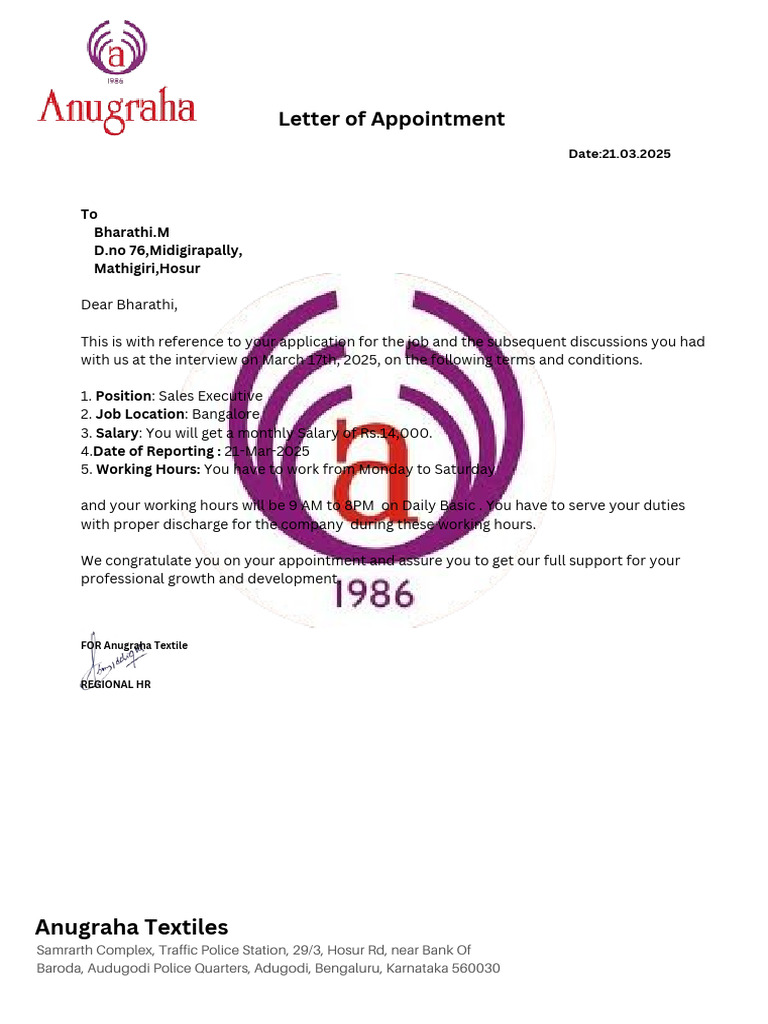 Appointment Letter for Sales Executive | PDF