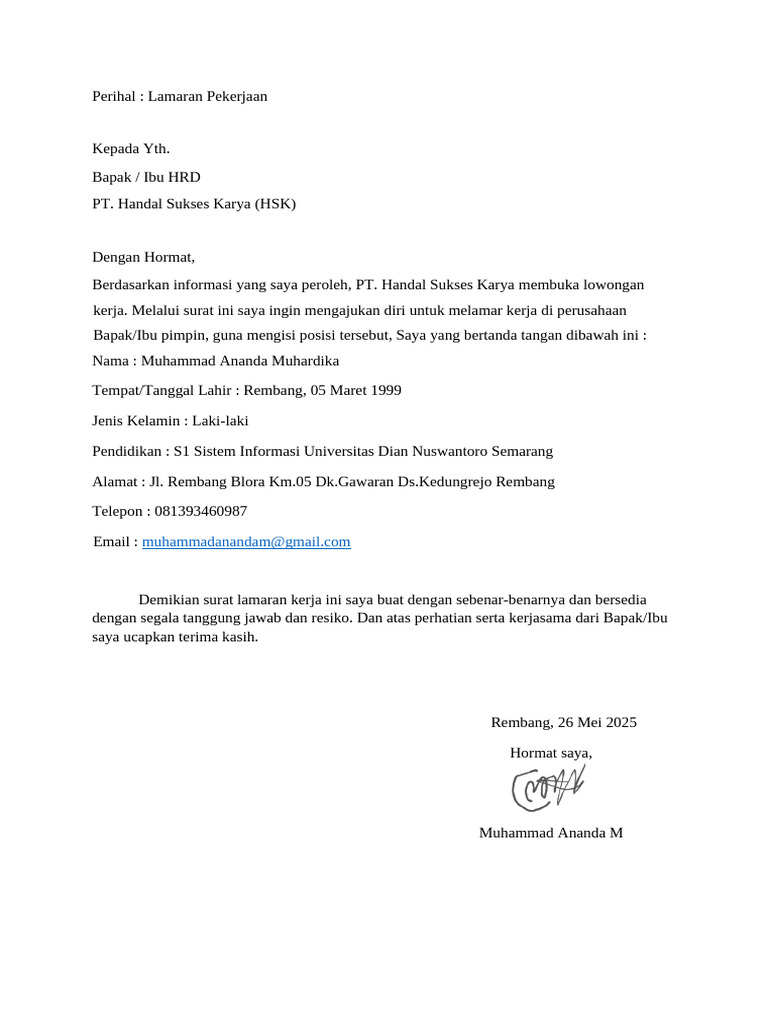 Surat Lamaran Muhammad Ananda M | PDF