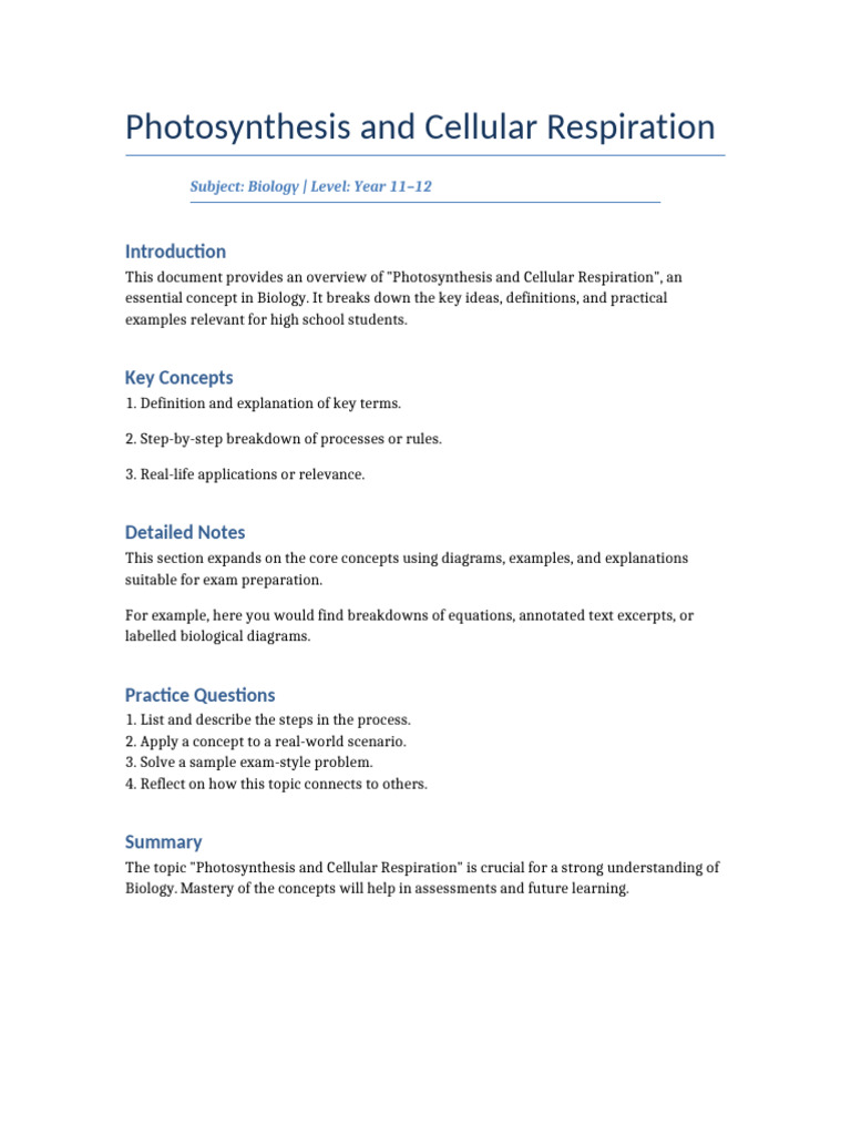 Photosynthesis and Cellular Respiration | PDF