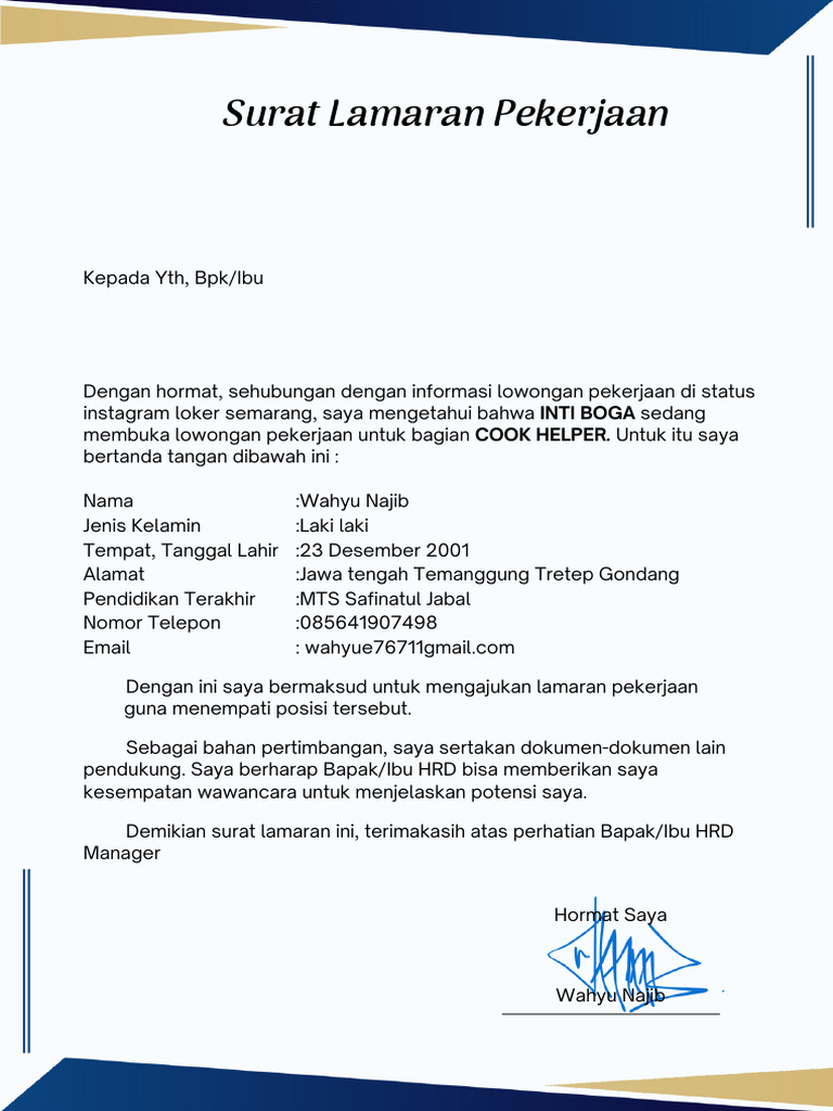 Surat Lamaran Cook Helper INTI BOGA | PDF