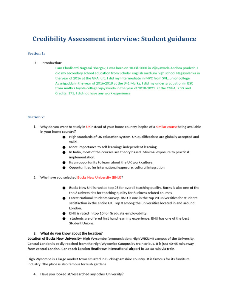Credibility Assessment Interview - Student Guidance | PDF