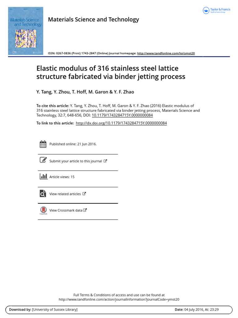 Elastic Modulus of 316 Stainless Steel Lattice Structure Fabricated Via Binder Jetting Process ...