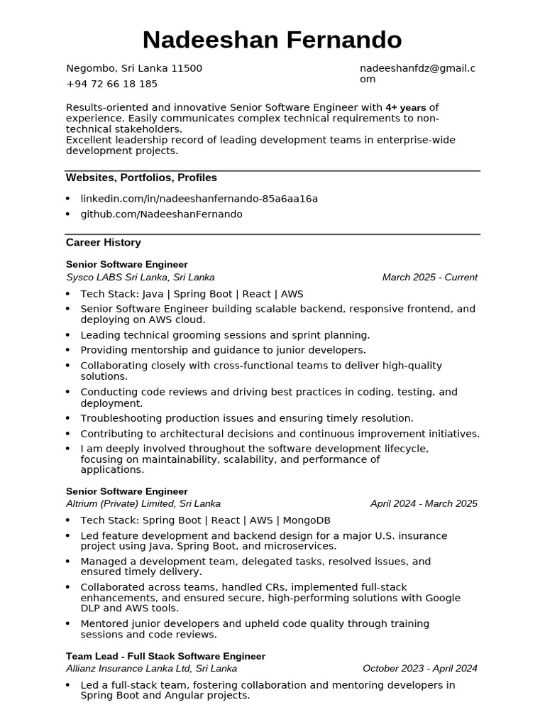 Nadeeshan Fernando Resume | PDF | Systems Architecture | Computing