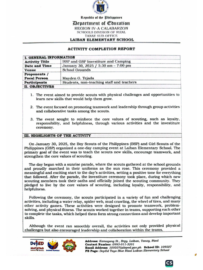 BSP and GSP Investiture and Camping Activity Competion Report | PDF