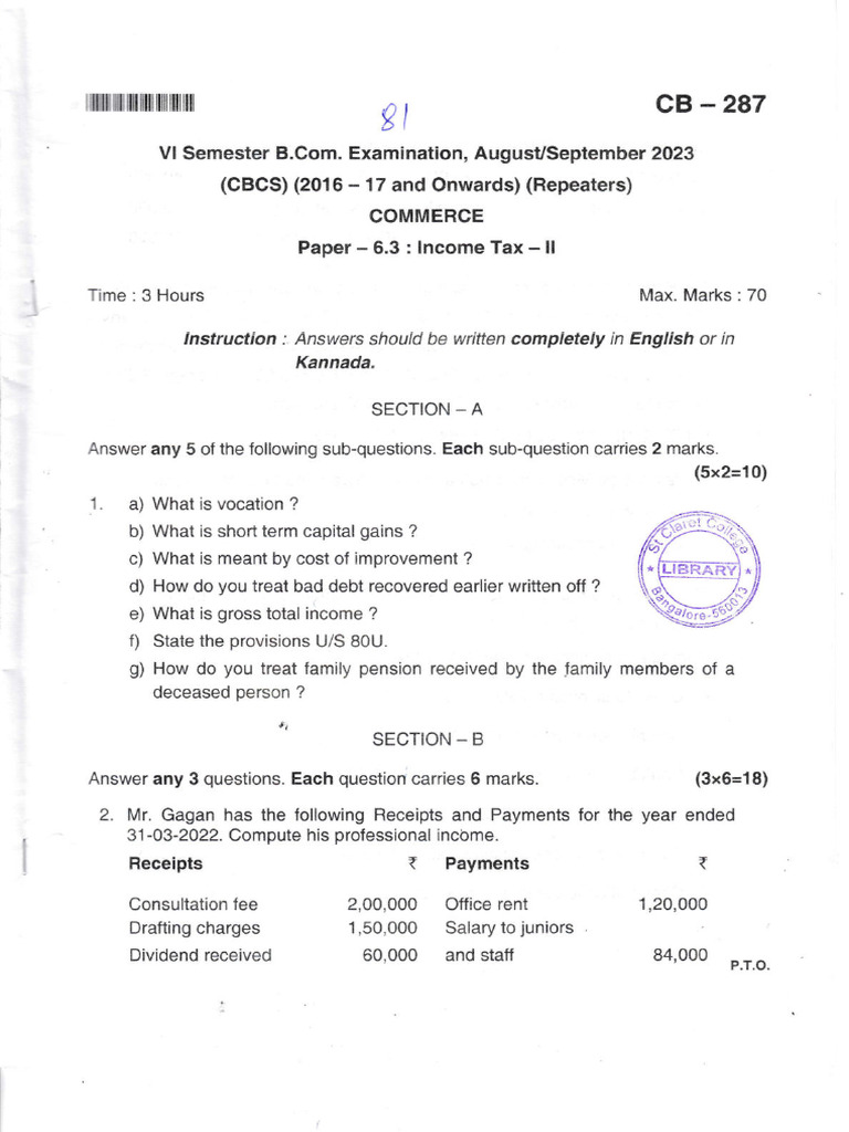 Income Tax Exam Paper for Commerce Students | PDF | Expense | Private ...