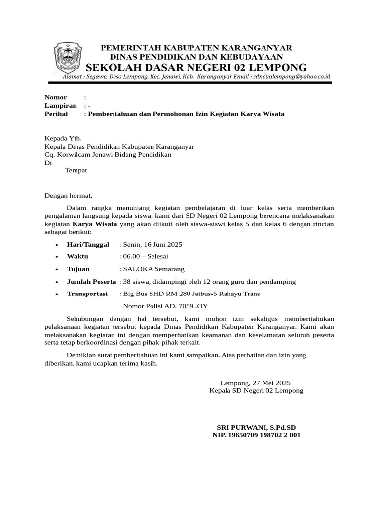 Surat Ijin Wisata Dinas 2025 | PDF