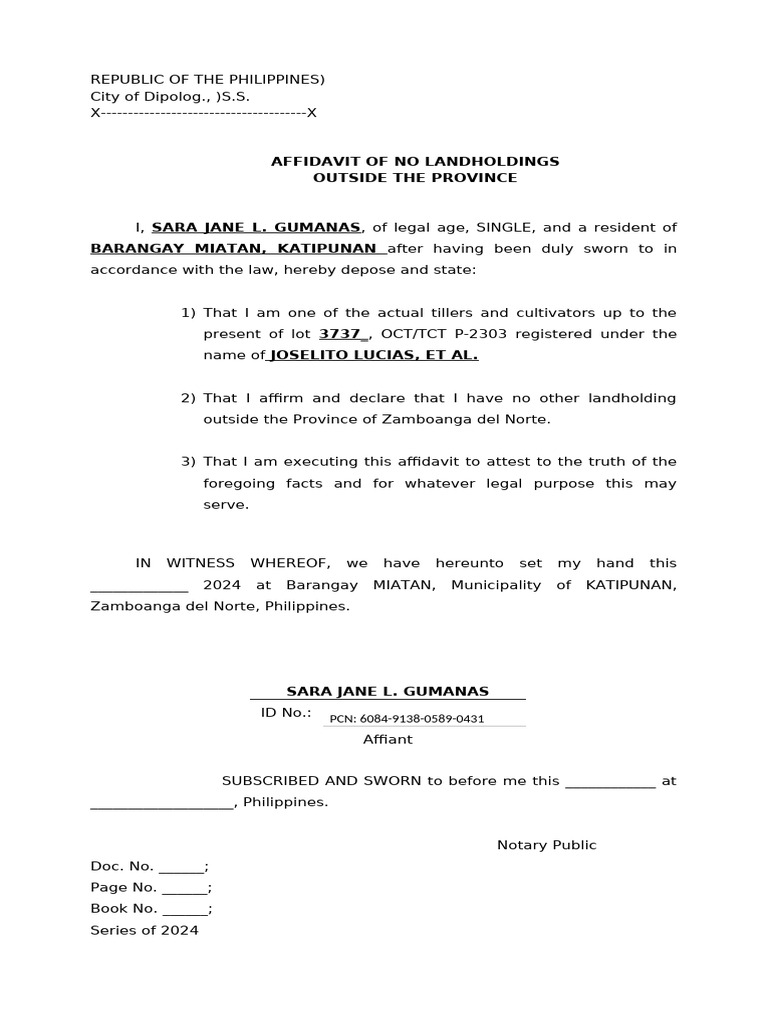 Affidavit of No Landholdings and Residency | PDF | Affidavit | Legal Procedure