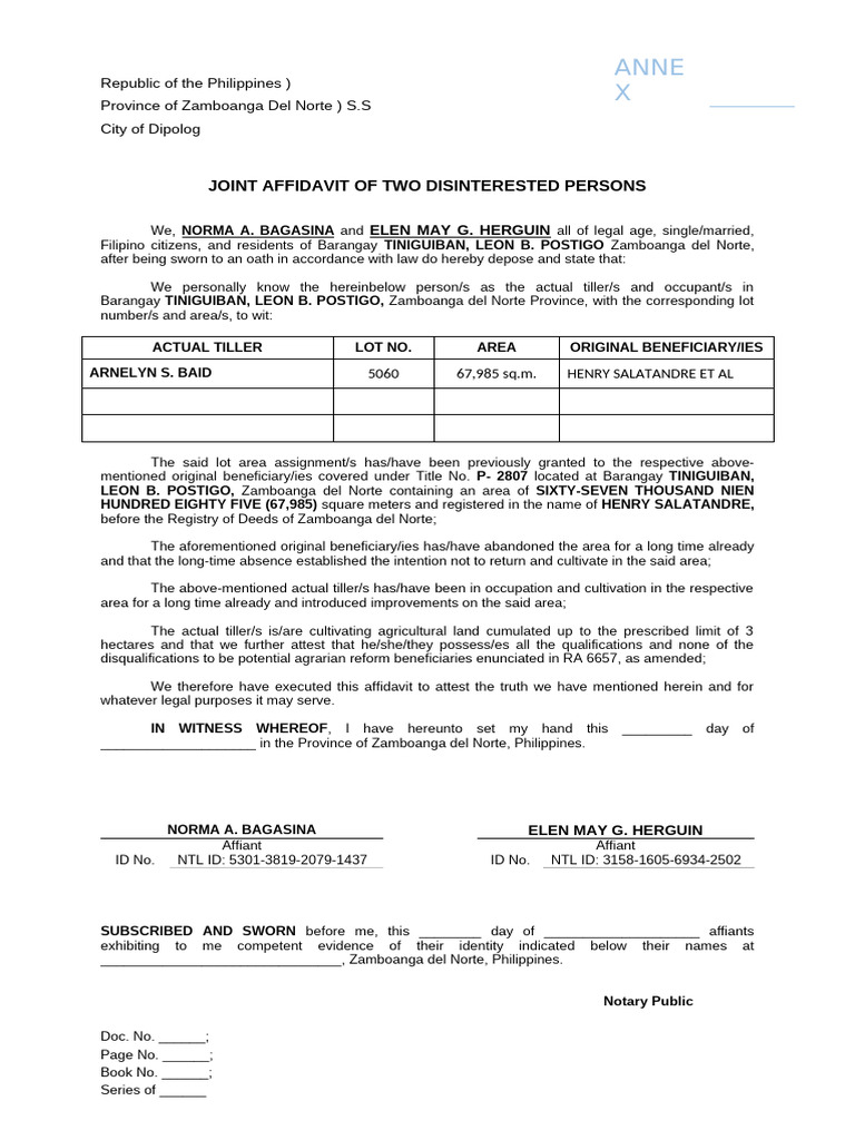 00 AFFIDAVIT OF 2-DISINTERESTED PERSONS (Occupancy and Cultivation ...