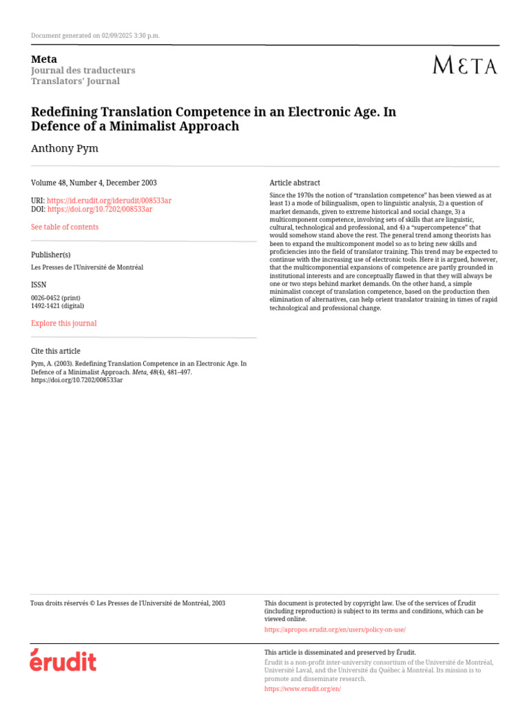 Redefining Translation Competence in An Electronic Age. in Defence of A ...