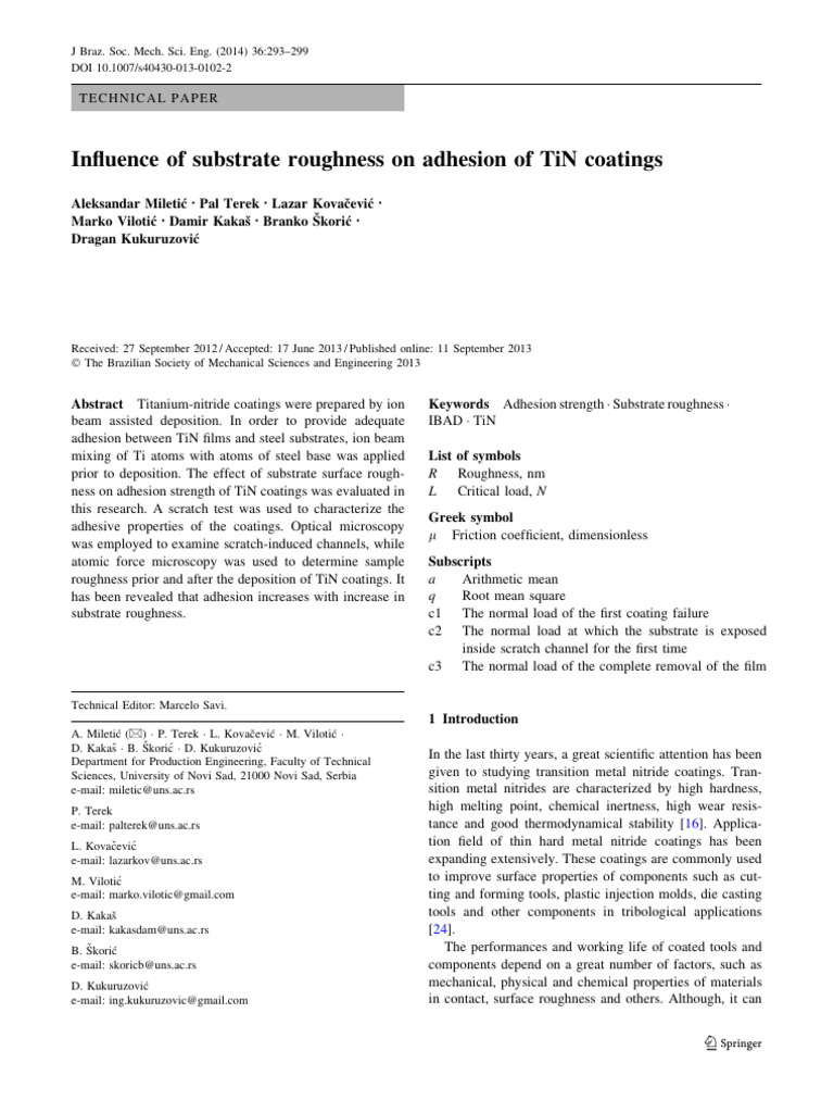 Miletic Et Al, 2014 - Influence of Substrate Roughness On Adhesion of ...