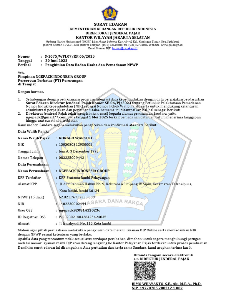 Surat Edaran Pengkinian Data Badan Usaha Ronggo Warsito | PDF