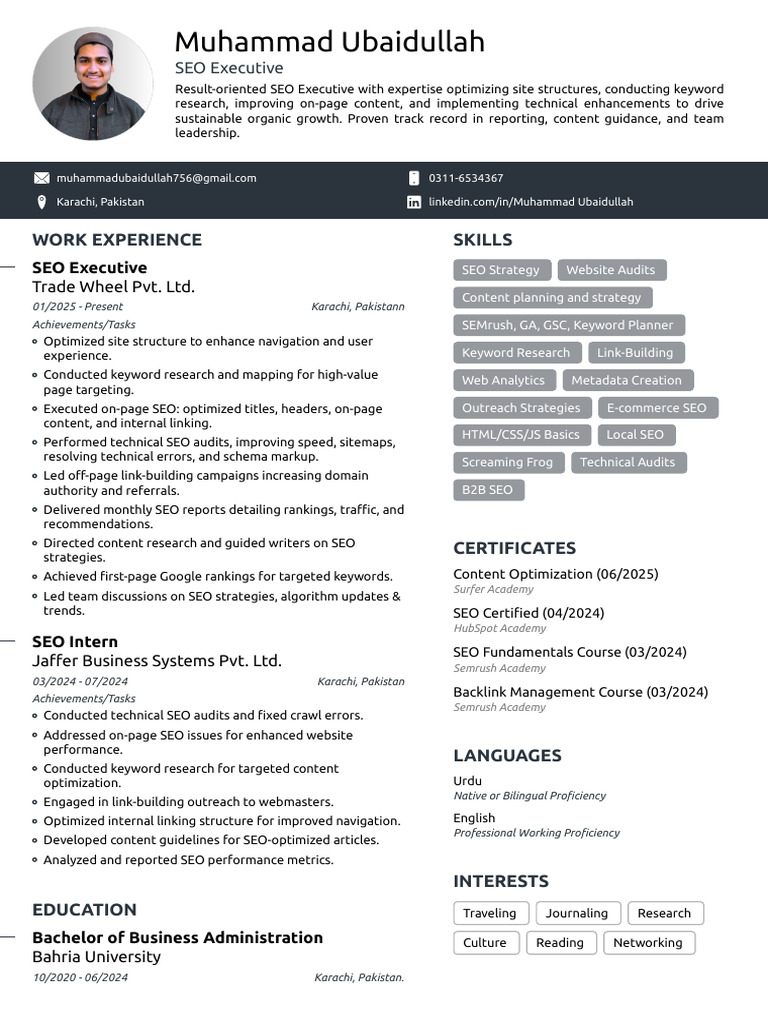 Muhammad Ubaidullah - SEO Executive - Resume P-3 | PDF | Search Engine ...