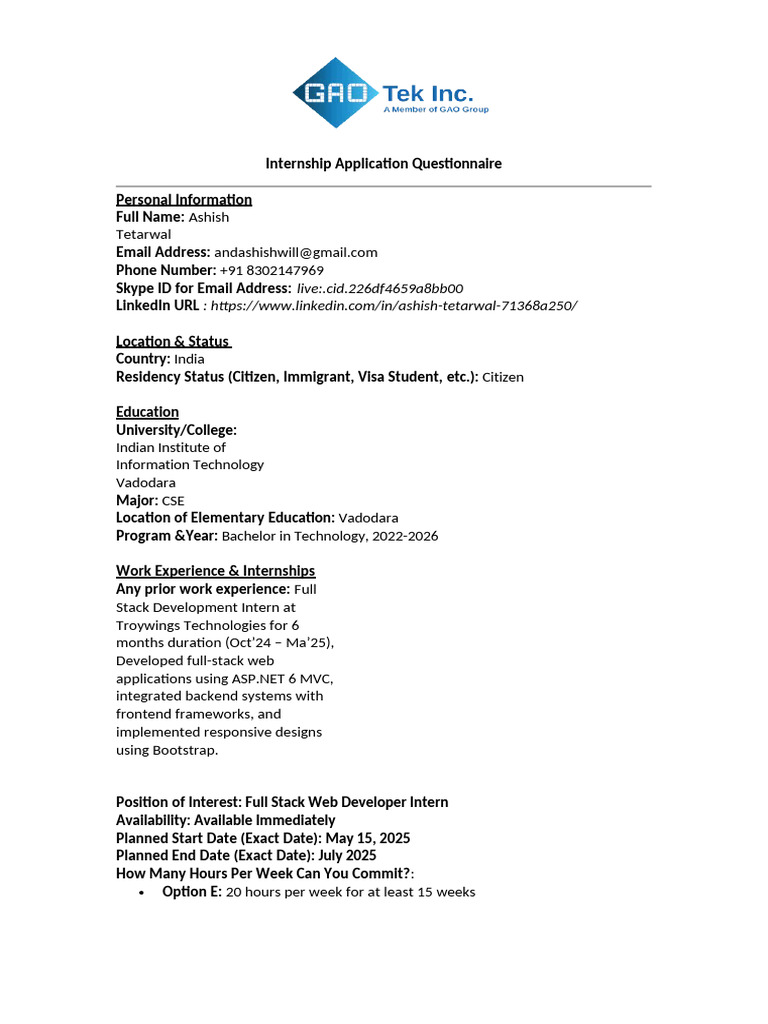 Internship Questionnaire - GAOTek Inc. - 15 (1) (5) - 1 | PDF