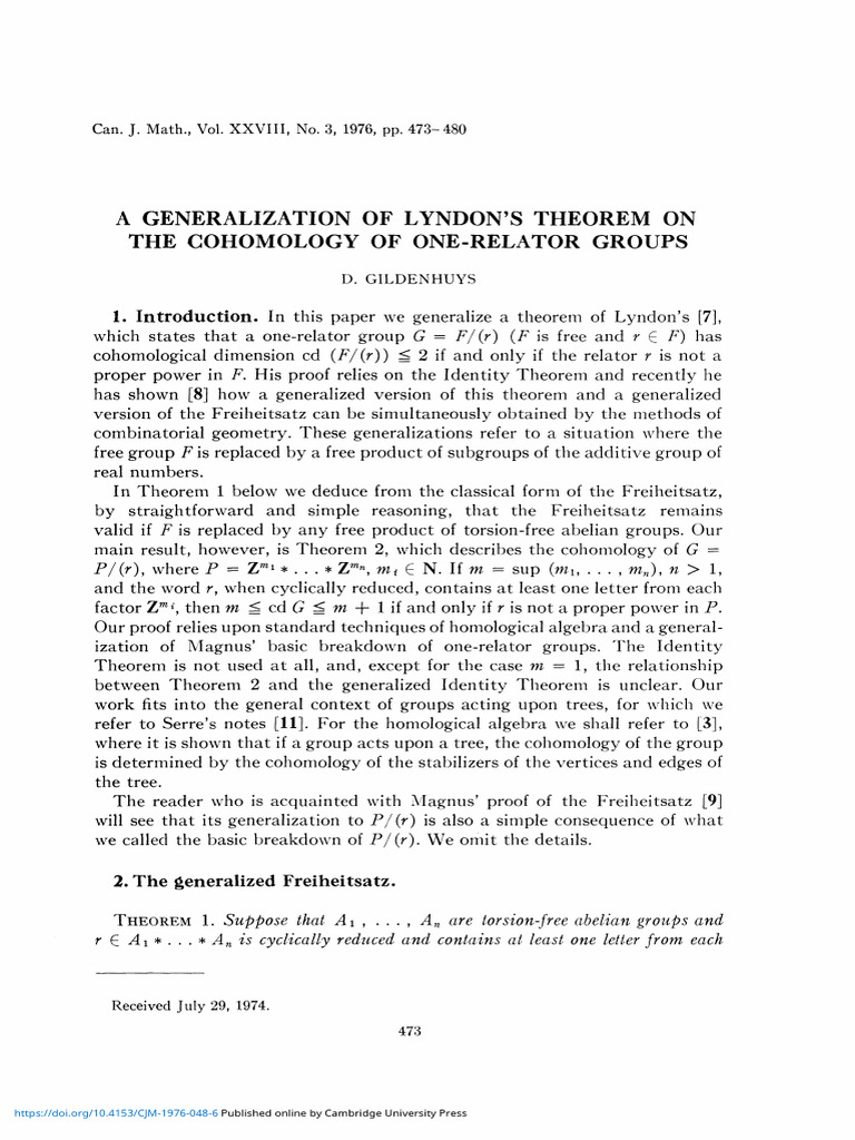 A Generalization of Lyndons Theorem On The Cohomology of One Relator | PDF | Group (Mathematics ...