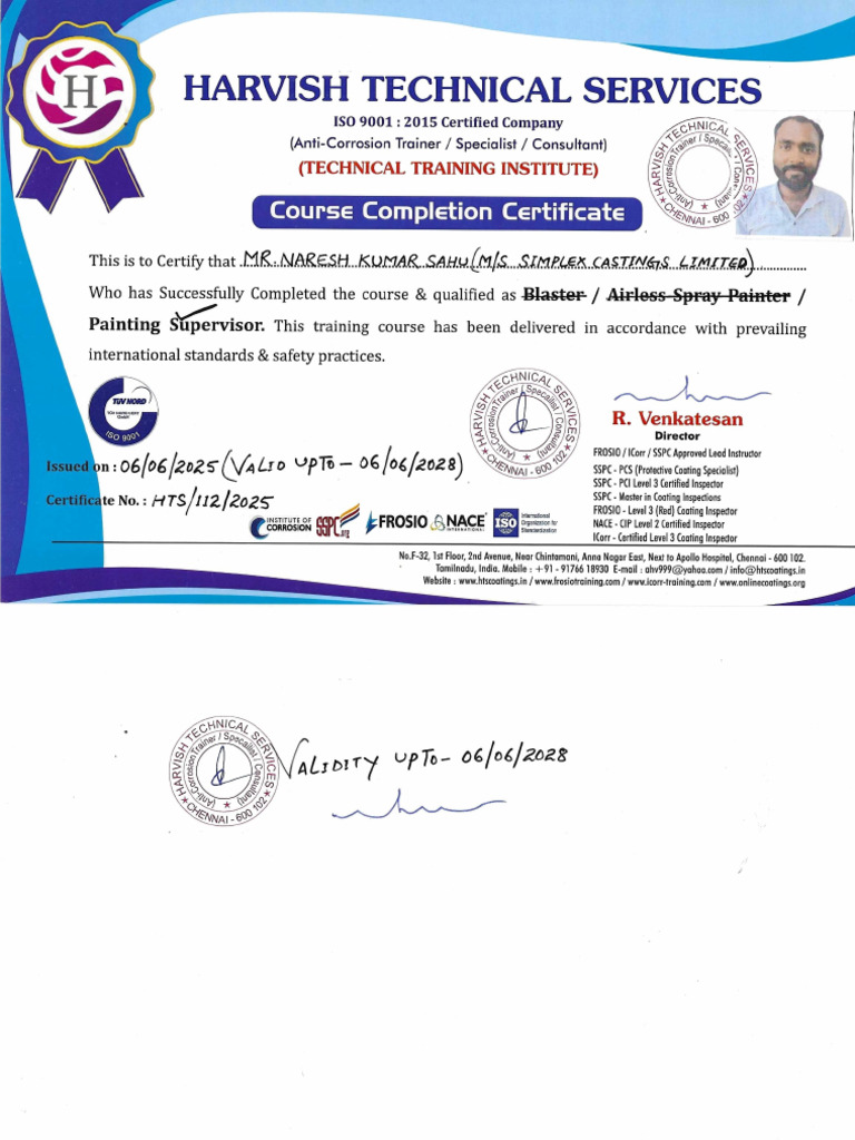 Mr Naresh Kumar Sahu Painting Supervisor Certificate | PDF