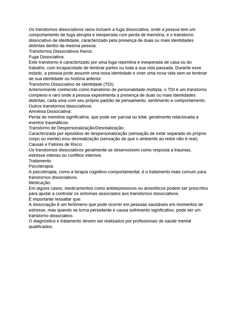 Transtornos Dissociativos Raros | PDF