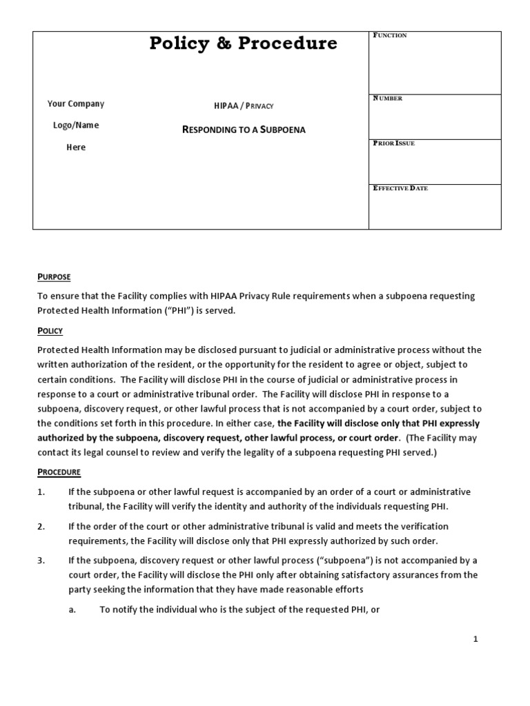 Sample Subpoena Policy- HIPPA-PHI | Health Insurance Portability And ...
