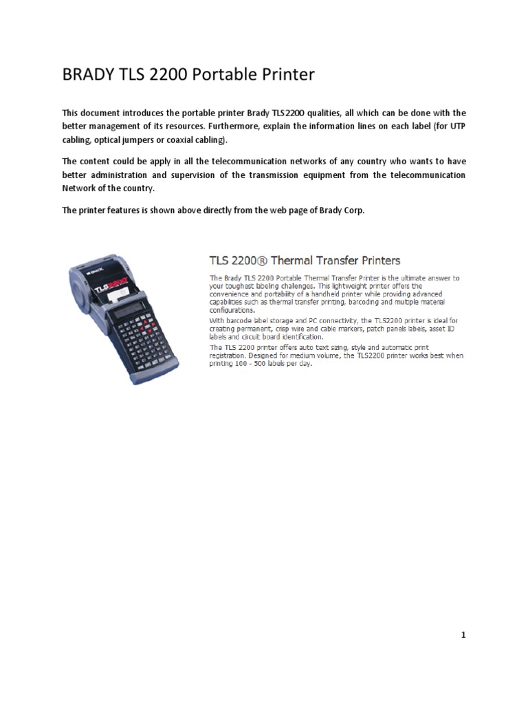 Brady TLS2200 Printer Labeling Guide | PDF | Cable | Telecommunication