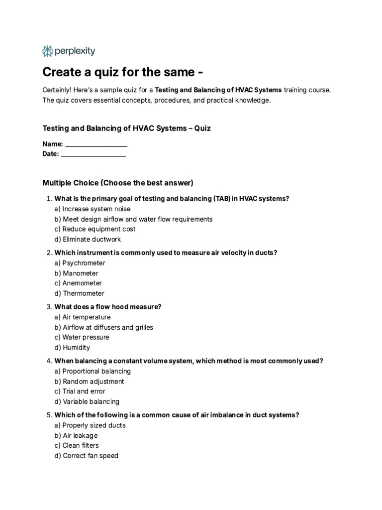 Testing and Balancing - Quiz | PDF | Duct (Flow) | Continuum Mechanics