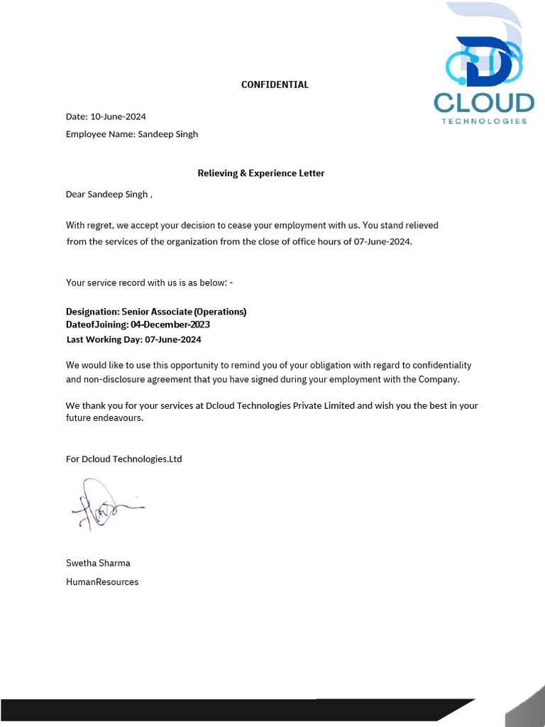 Sandeep Relieving Letter | PDF