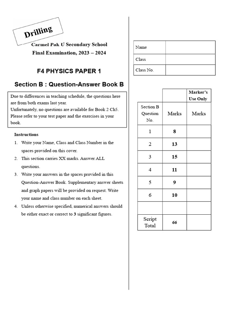 2223 F4 Paper1B Final Exam Drilling | PDF | Force | Acceleration