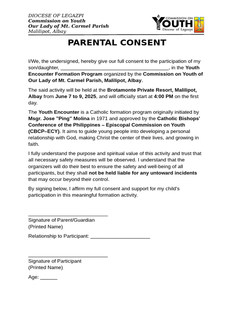 Parental Consent Youth Encounter | PDF