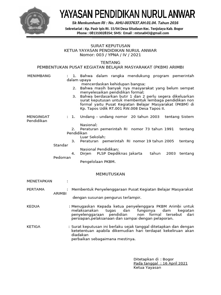 SK Pembentukan PKBM | PDF