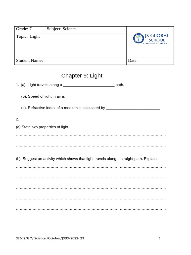 Chapter 9: Light: Grade: 7 Subject: Science Topic: Light | PDF | Light ...