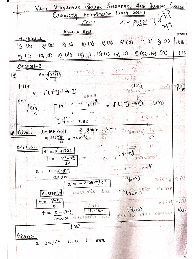 Quarterly Phy Set 1 Answer Key | PDF