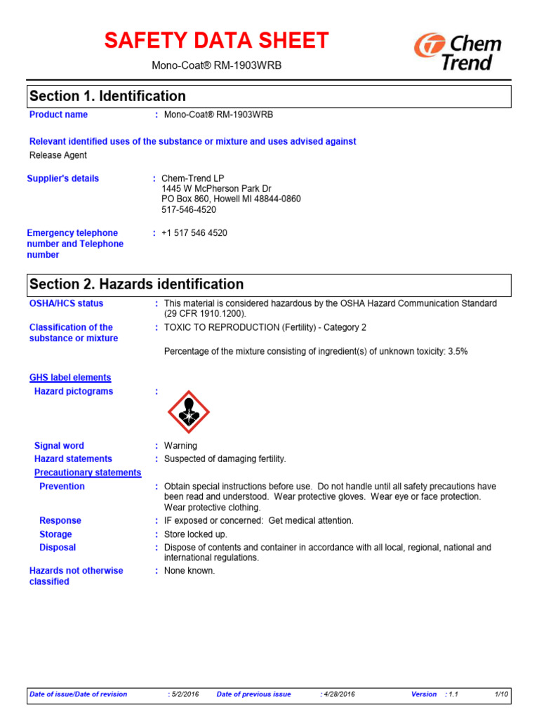 Mono-Coat RM-1903WRB Safety Data Sheet | PDF | Waste | Dangerous Goods