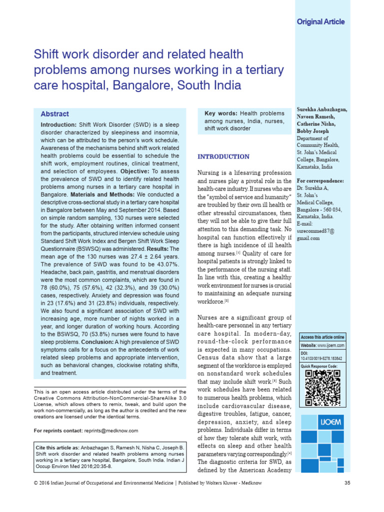 Shift Work Disorder and Related Health Problems.8 | PDF | Shift Work ...