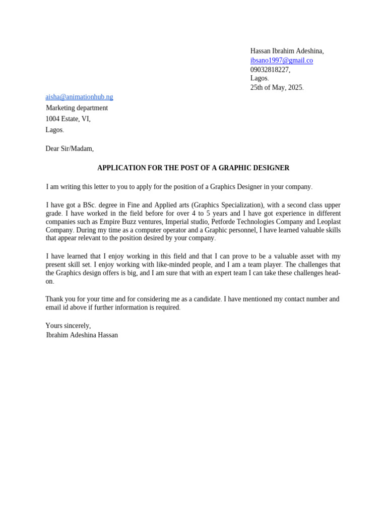 Graphic Designer Job Application Letter | PDF