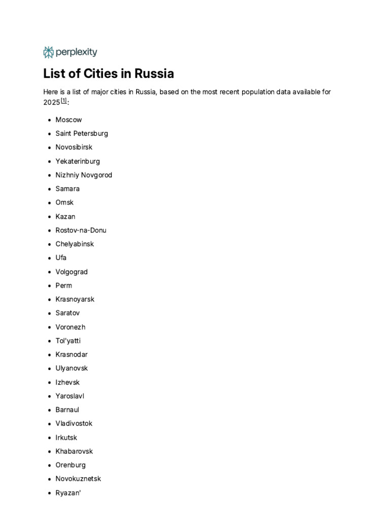 Major Cities in Russia by Population 2025 | PDF